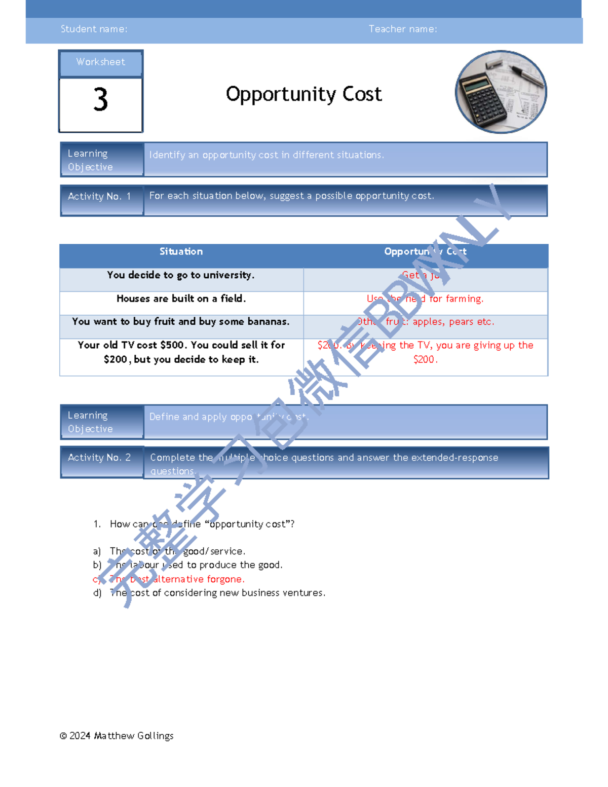 09 - Opportunity Cost - Economics Worksheet 3 - © 2024 Matthew Gollings ...