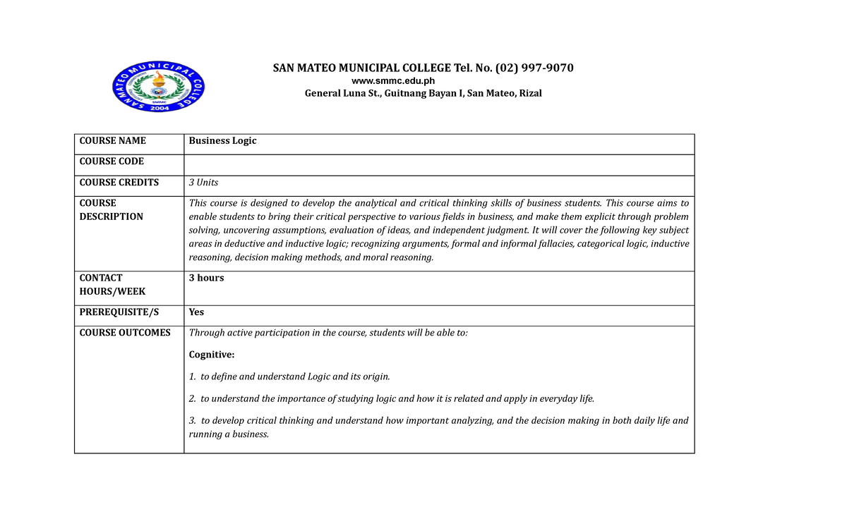 New syllabus - erger - SAN MATEO MUNICIPAL COLLEGE Tel. No. (02) 997 ...