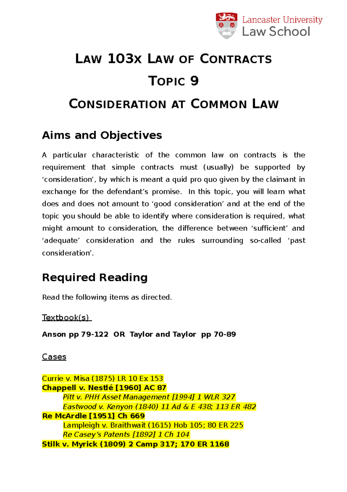 Topic 9 - Consideration at Common Law - LAW 103 X LAW OF CONTRACTS ...