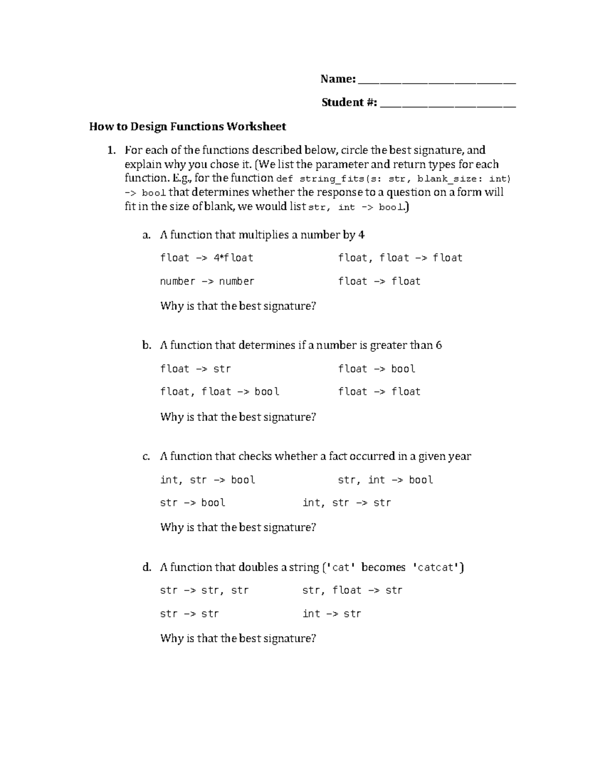How to Design Functions Worksheet - For each of the functions described below, circle the best ...