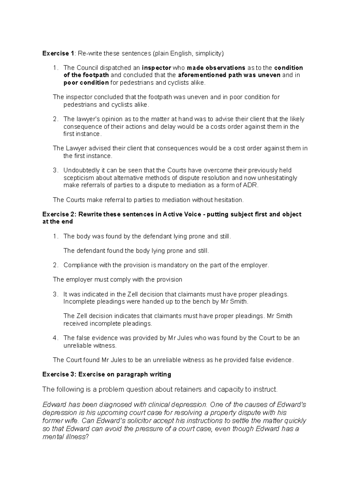 Tutorial WORK - notes - Exercise 1: Re-write these sentences (plain ...