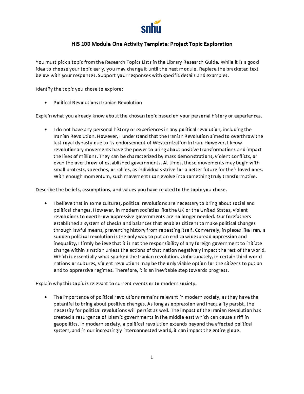 Module One Activity - While it is a good idea to choose your topic ...