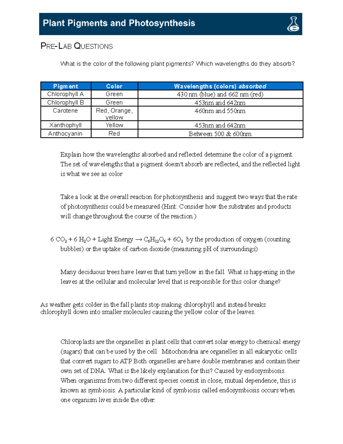 Lab 5 Photosynthesis - Lab 5 - PRE-LAB QUESTIONS What is the color of the following plant ...