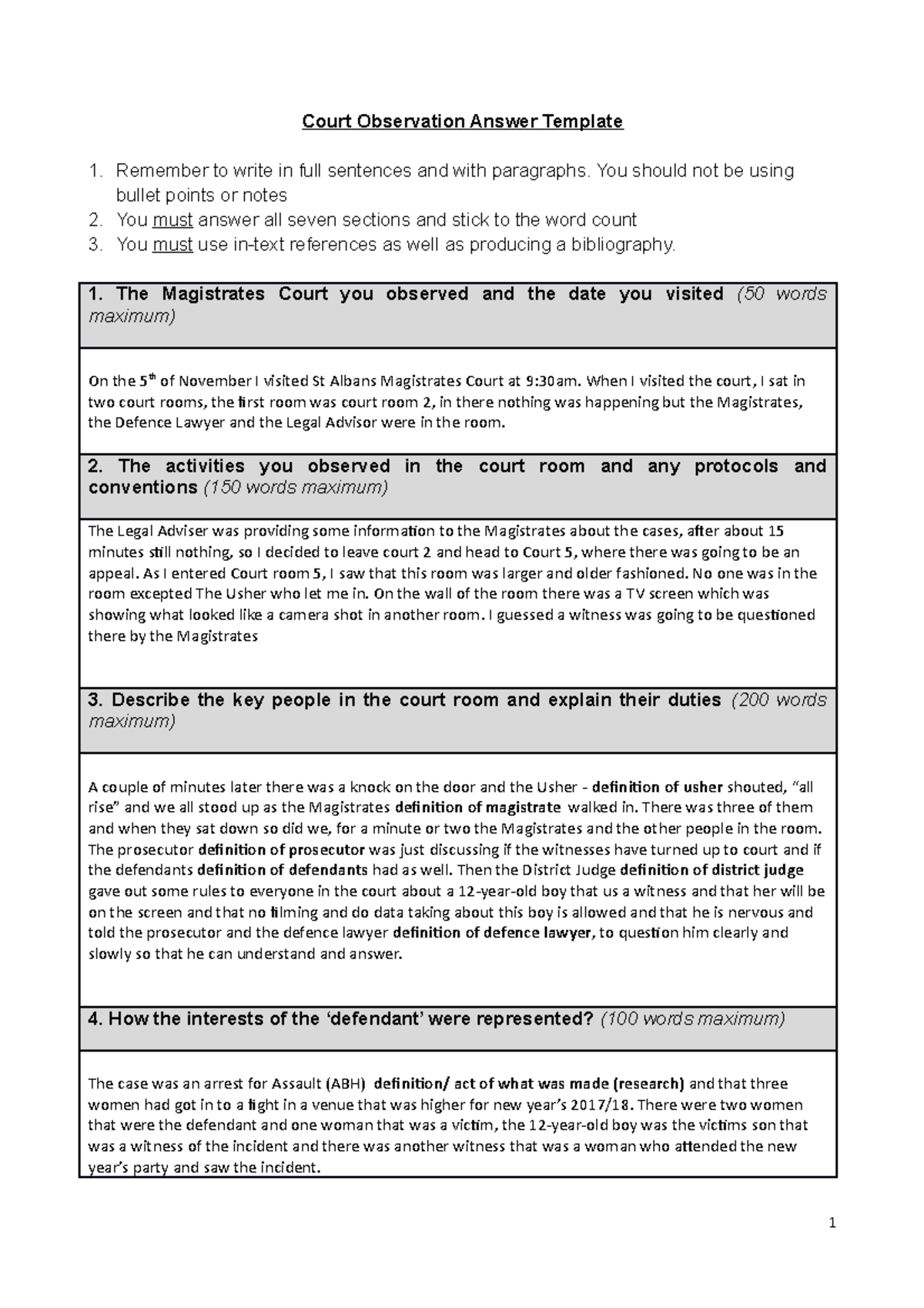 Court Observation Answer Template - Remember to write in full sentences ...