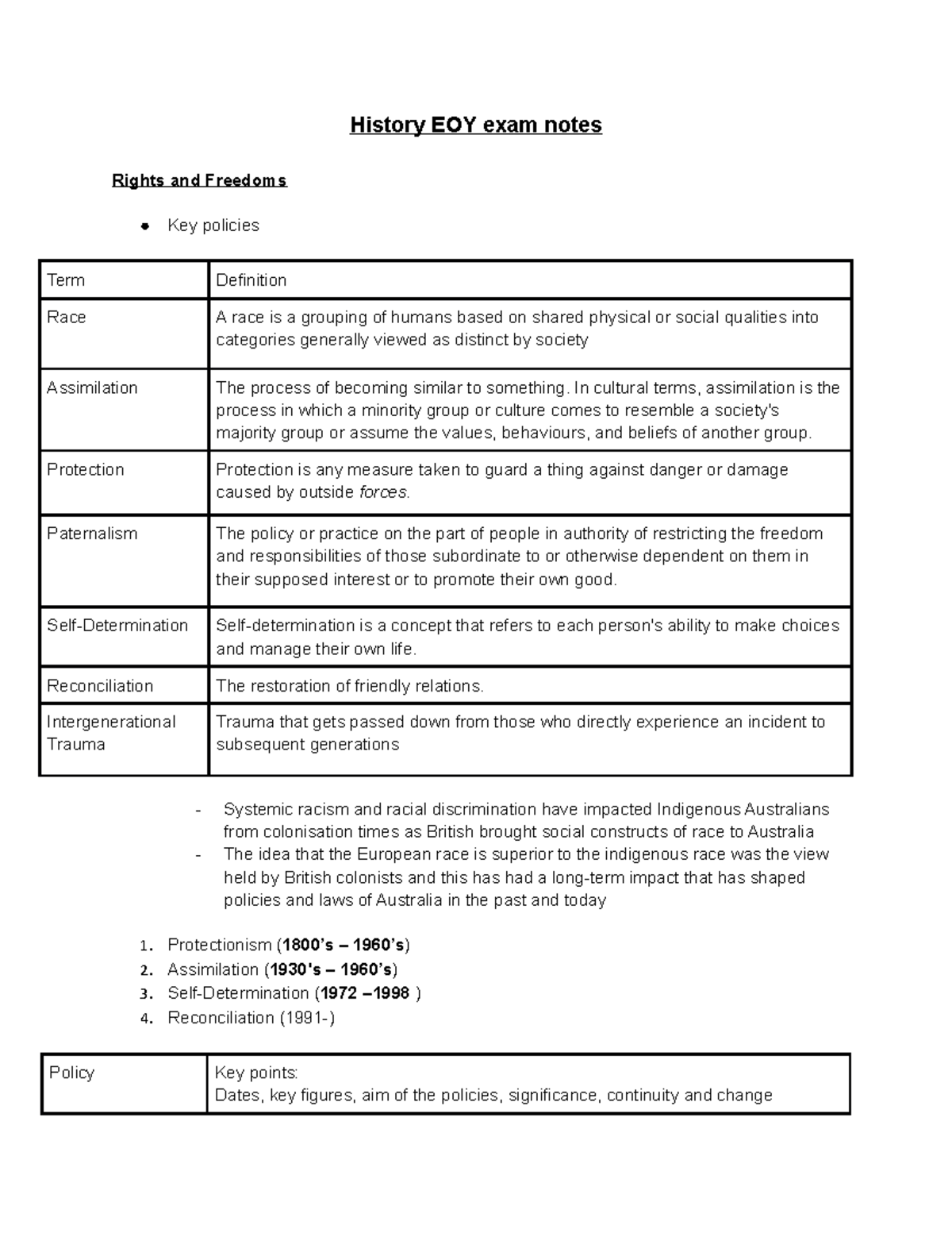 History EOY exam notes - History EOY exam notes Rights and Freedoms Key ...