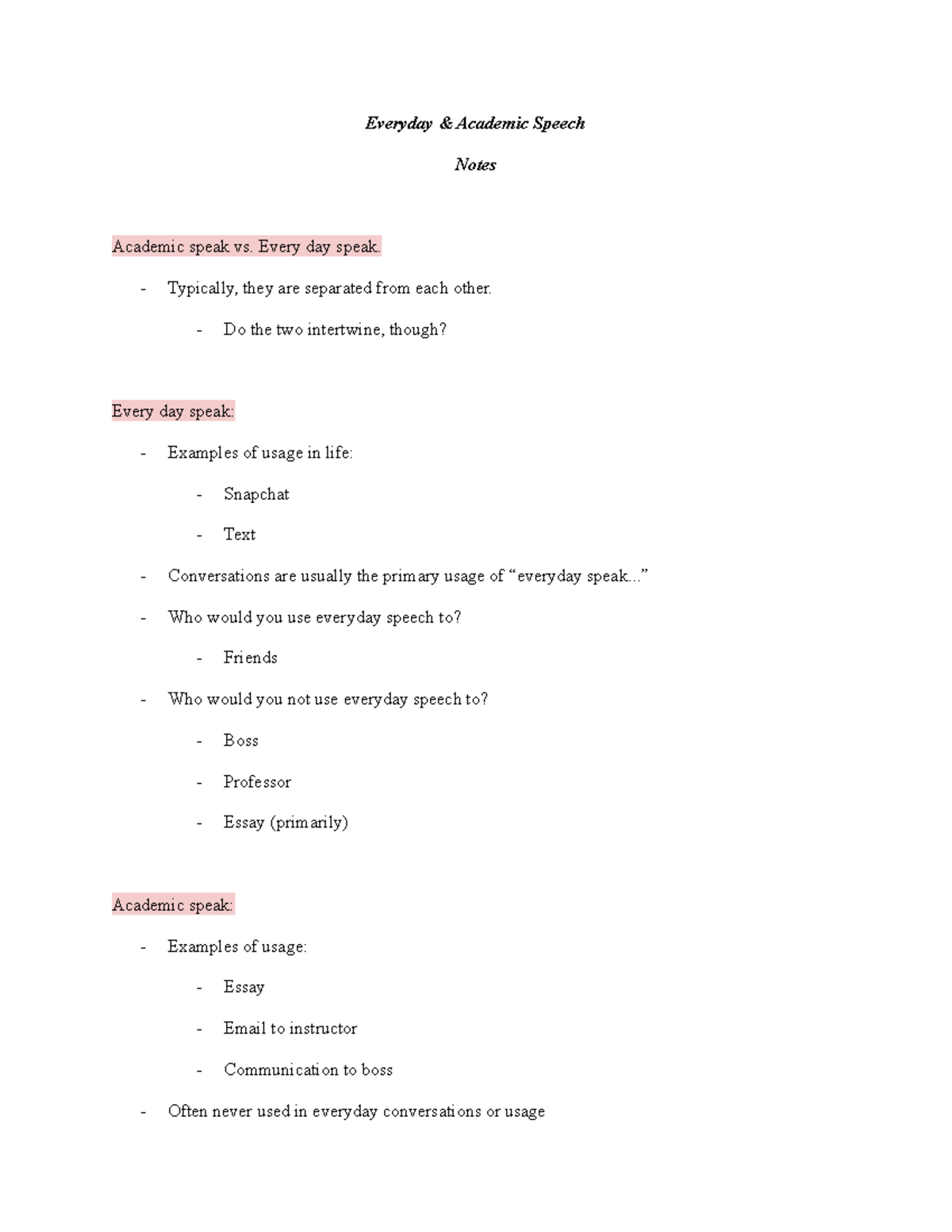 ENG101 Notes - Everyday & Academic Speech Notes Academic speak vs ...