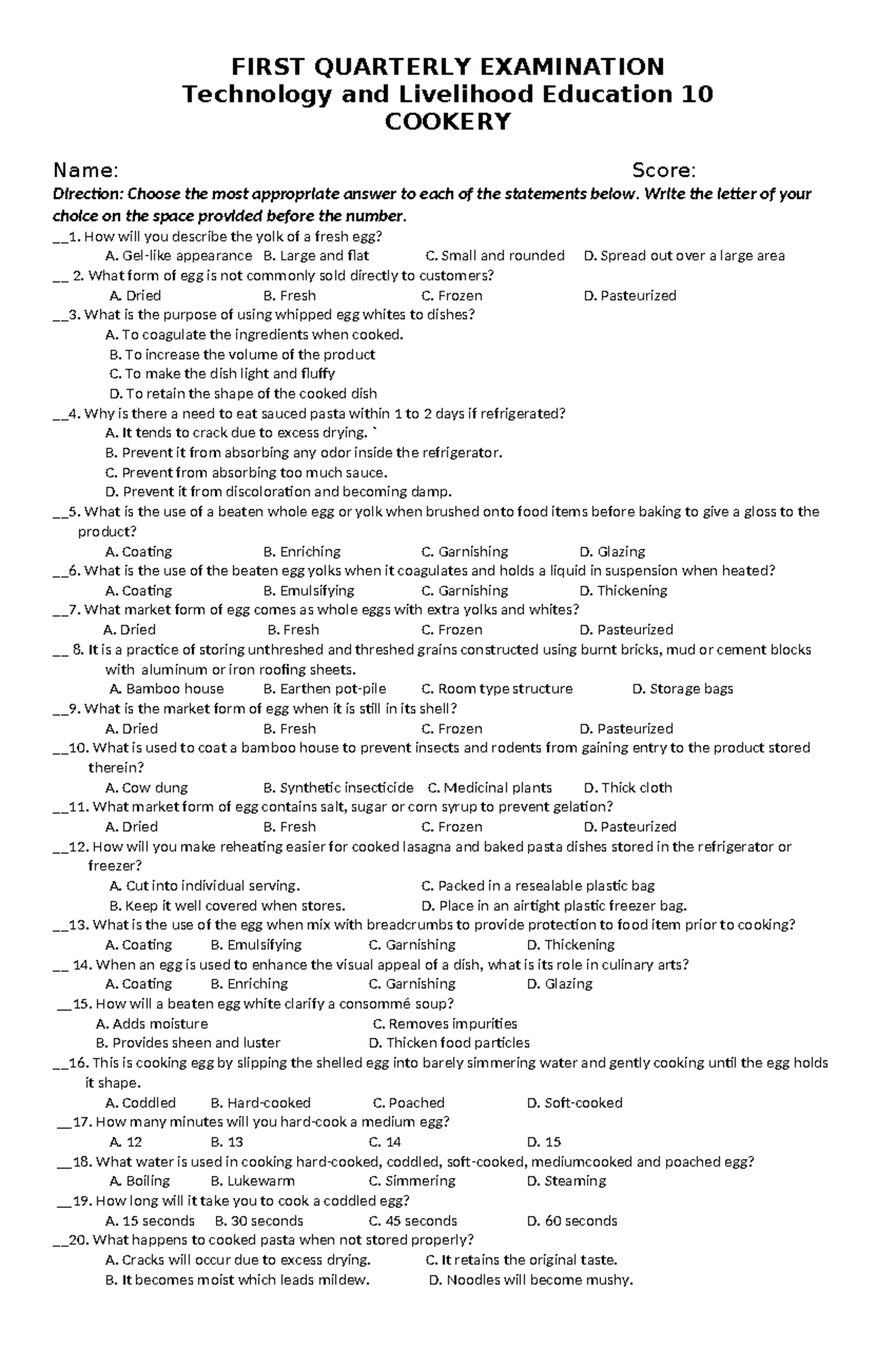 Technology and Livelihood Education 10 Long QUIZ - FIRST QUARTERLY ...