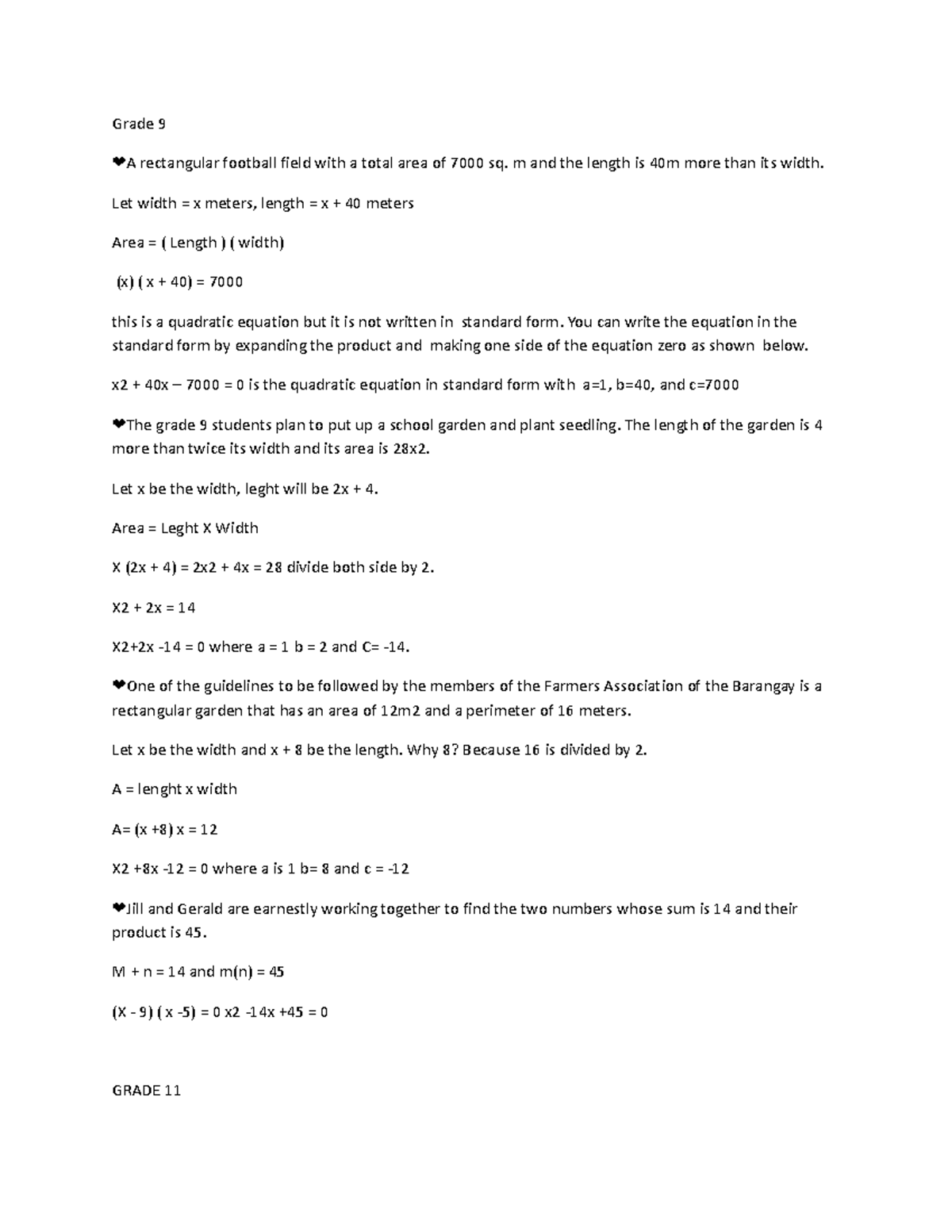 Math 9 - Easy and understandable. - Grade 9 ️A rectangular football ...