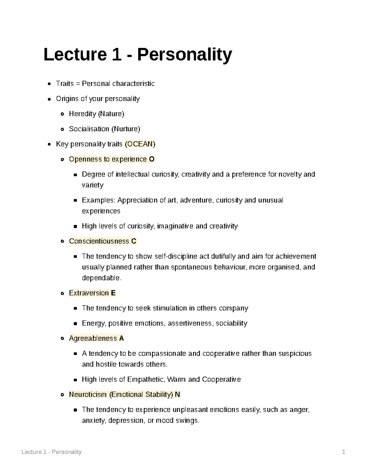 Lecture 1 - Personality - Lecture 1 - Personality 1 Lecture 1 ...