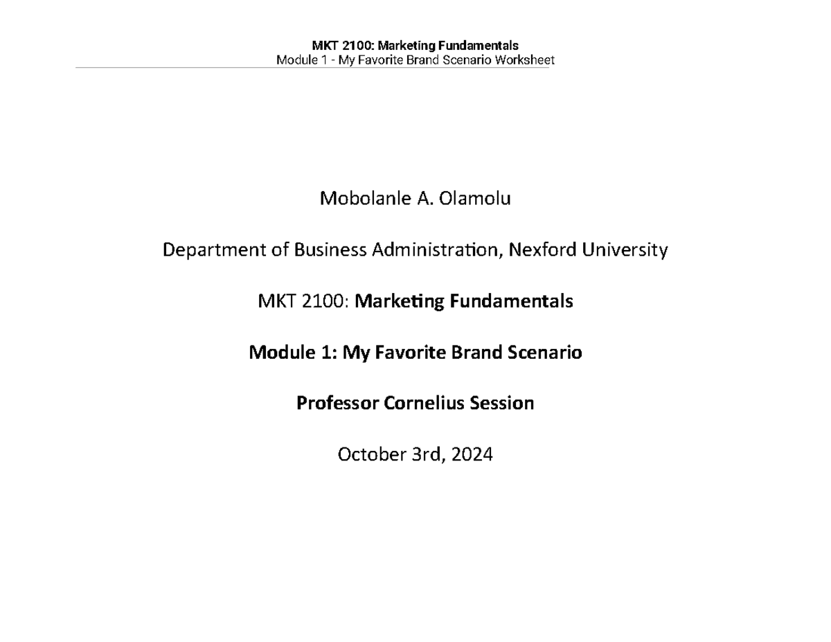MKT 2100 Module 1 - My Favorite Brand Scenario Worksheet - Module 1 ...
