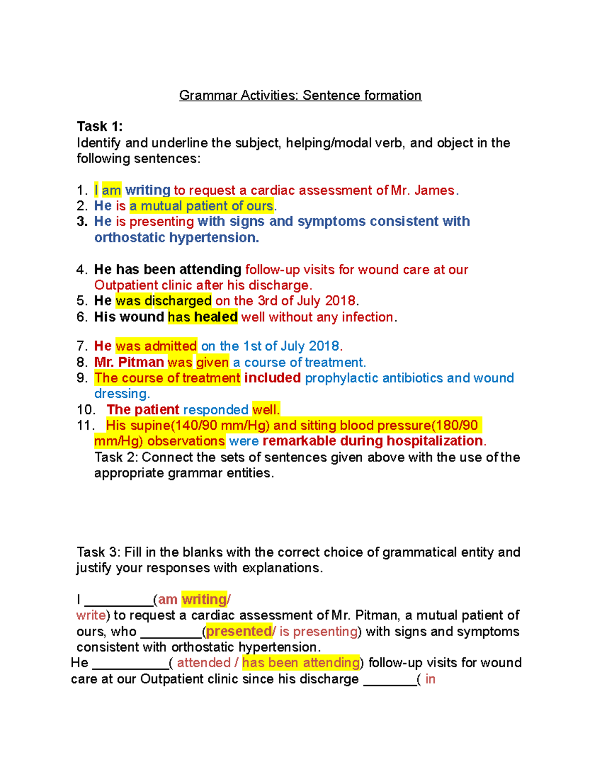 Answers Worksheet Sentence formation 1 - Grammar Activities: Sentence ...
