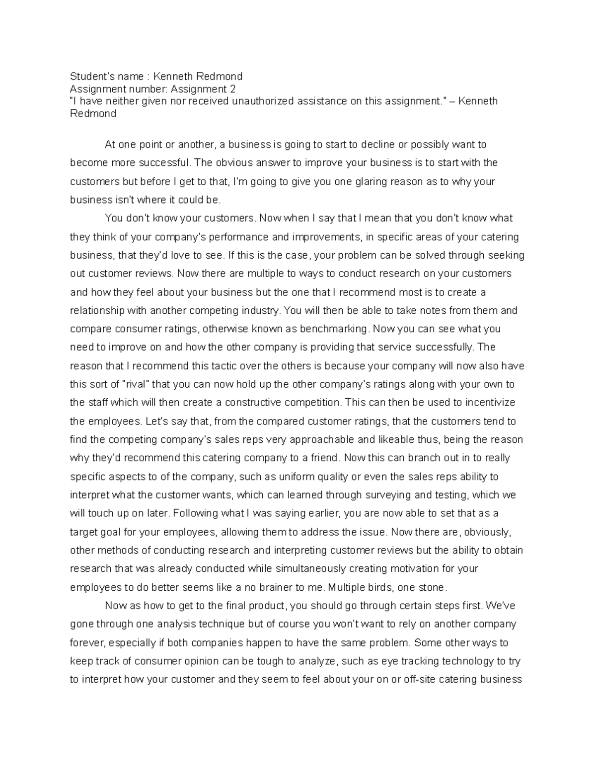 Catering Paper Number 2 - Student’s name : Kenneth Redmond Assignment ...
