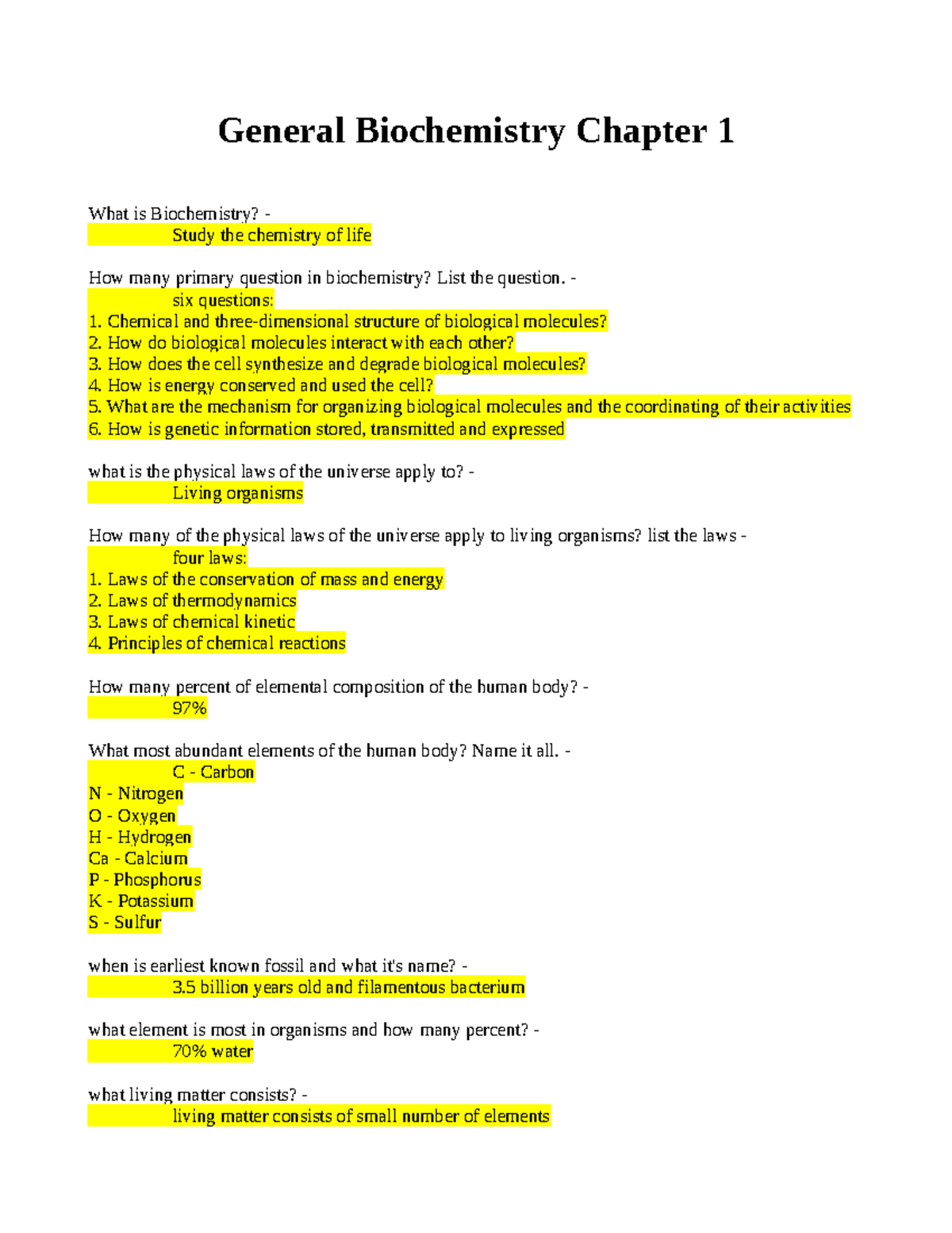 General Biochemistry Chapter 1 - six questions: Chemical and three ...