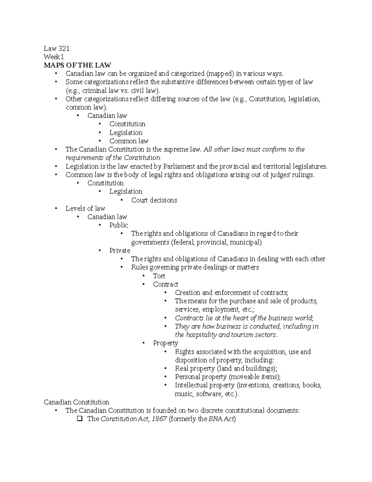 LAW 321 - Midterm 1 Notes - Law 321 Week MAPS OF THE LAW - Canadian law ...