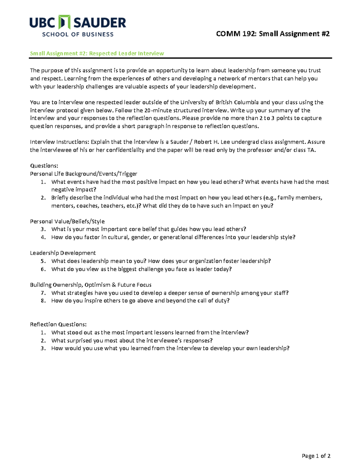 COMM192 Small Assignment #2 - COMM 192: Small Assignment Page 1 of 2 Small Assignment #2 ...