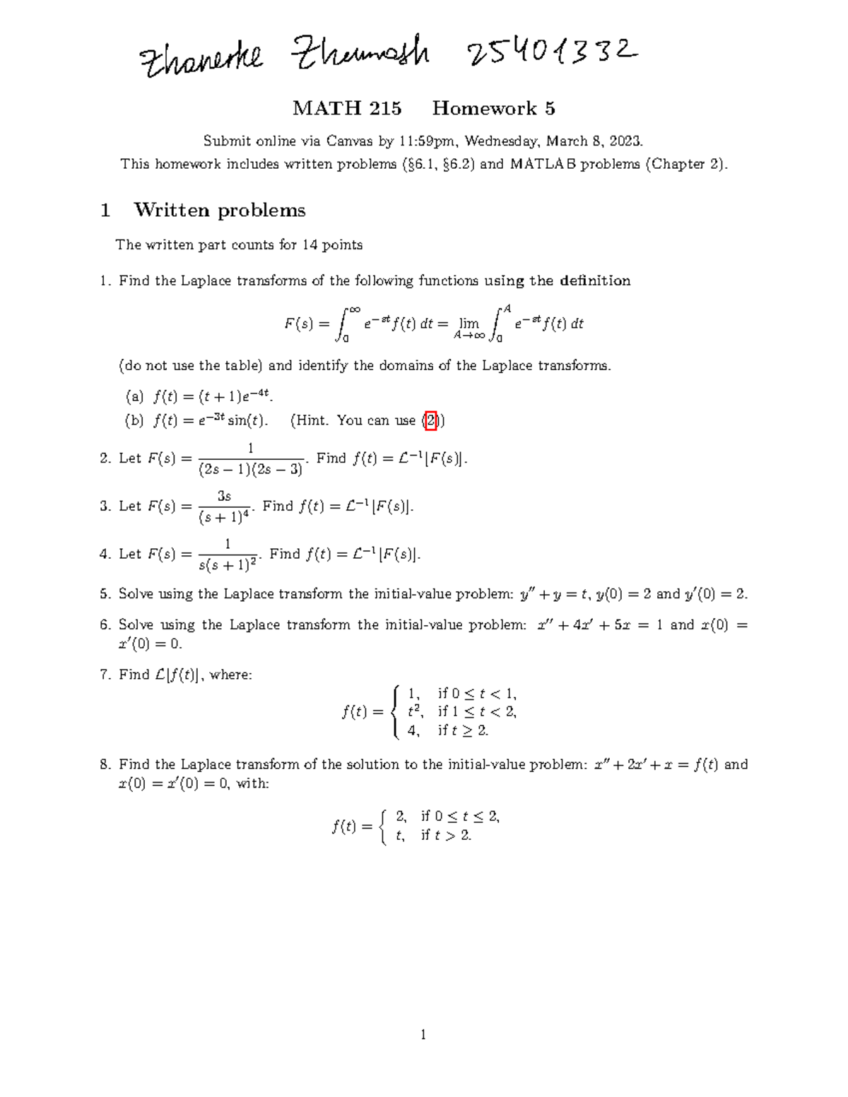 Homework5 23 Matlab Math 215 Homework 5 Submit Online Via Canvas By 11 59pm Wednesday March
