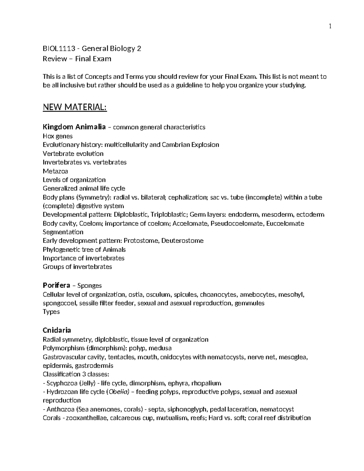 Final Ex Review - BIOL1113 - General Biology 2 Review – Final Exam This ...