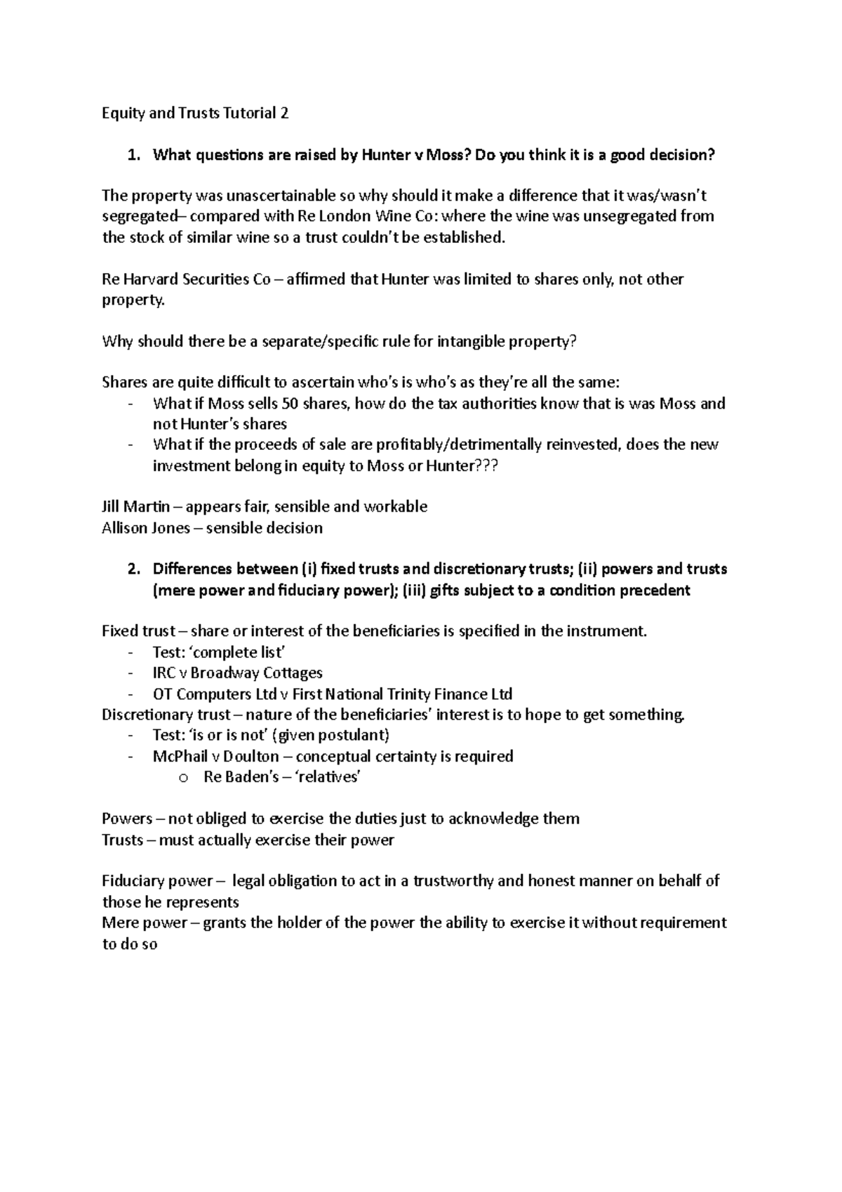 Equity and Trusts Tutorial 2 - Re Harvard Securities Co – affirmed that ...