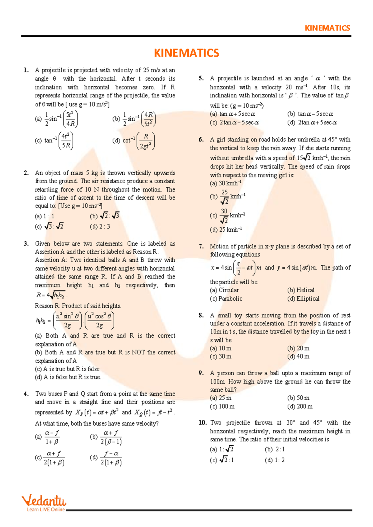 JEE Main Kinematics Practice Paper with Solutions Download PDF ...