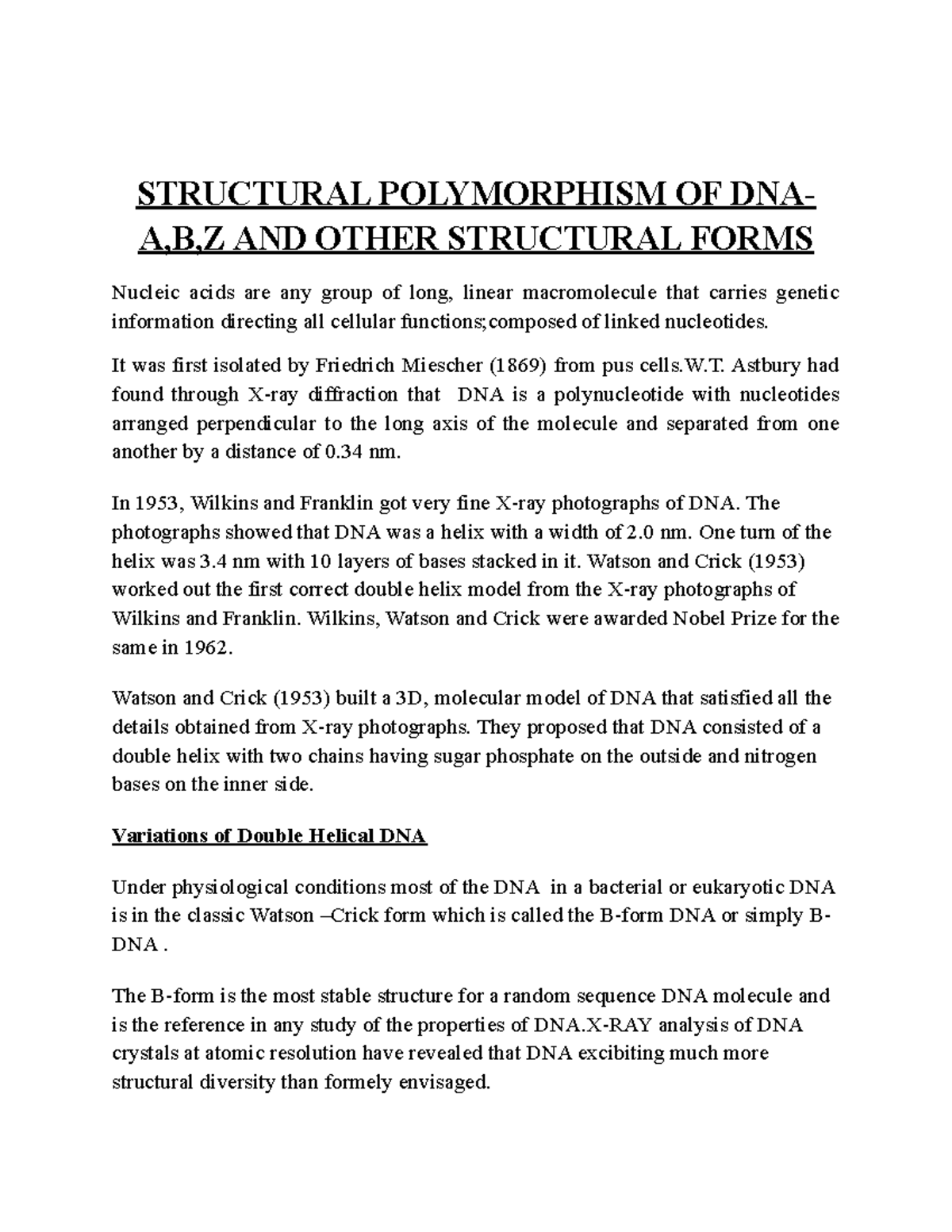 Structural Polymorphism Of Dna Structural Polymorphism Of Dna A B Z And Other Structural