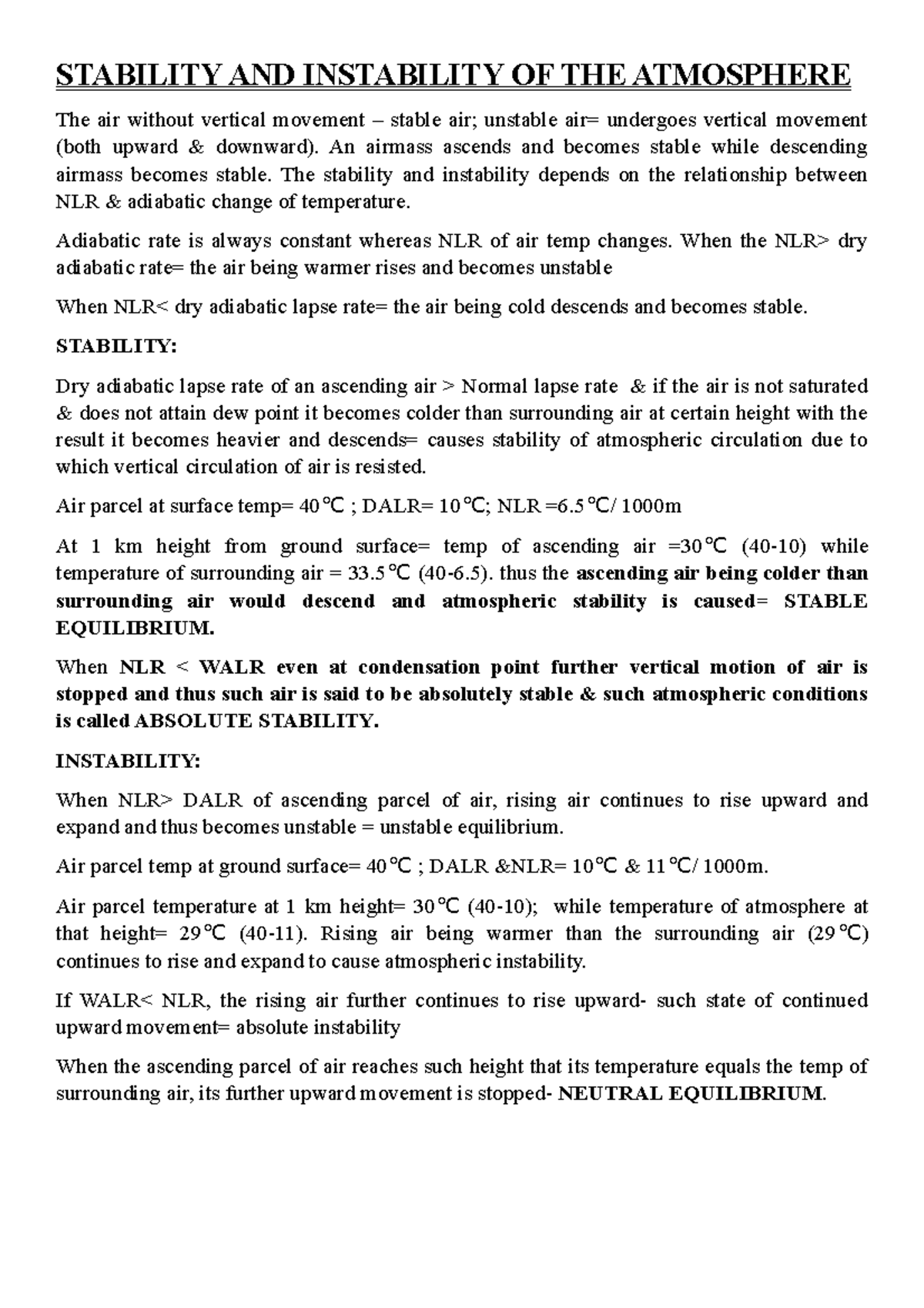 Stability AND Instability OF THE Atmosphere - STABILITY AND INSTABILITY OF THE ATMOSPHERE The ...