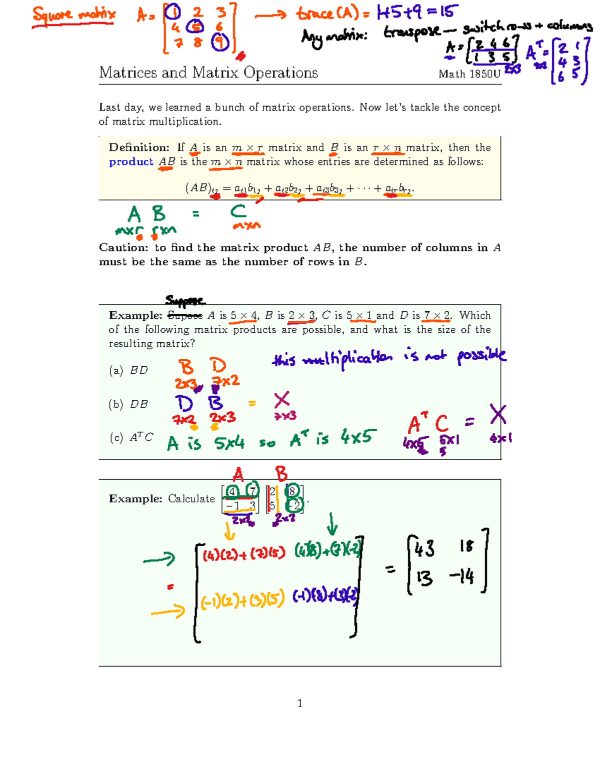 1850 Lecture 4 filled - notes - Matrices and Matrix Operations Math ...