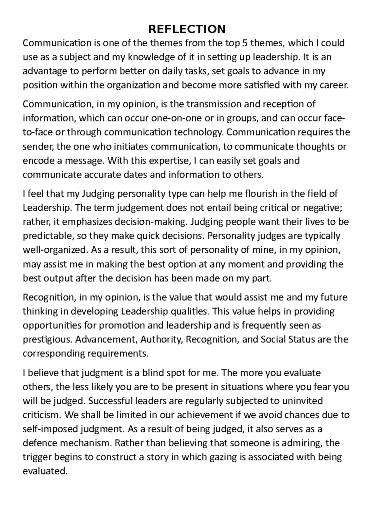 Reflection#1 - Leadership Development - REFLECTION Communication is one ...