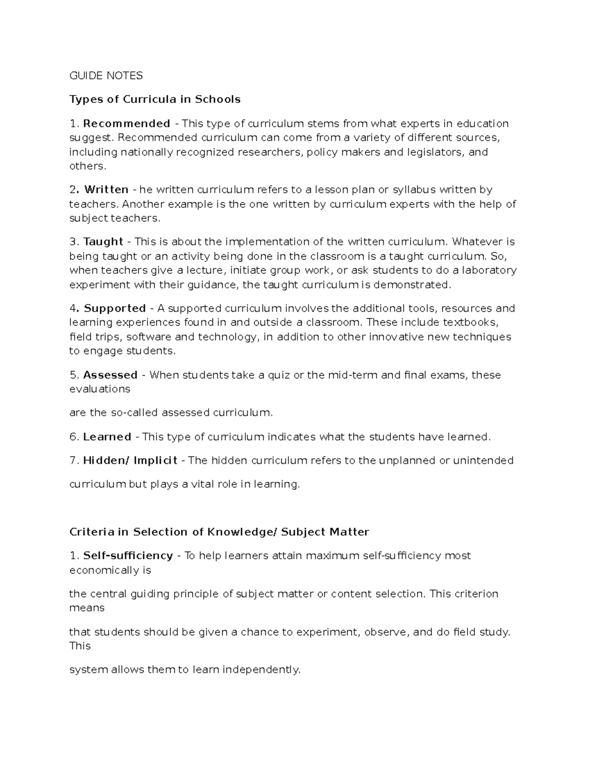 Guide Notes - Lecture - GUIDE NOTES Types of Curricula in Schools ...