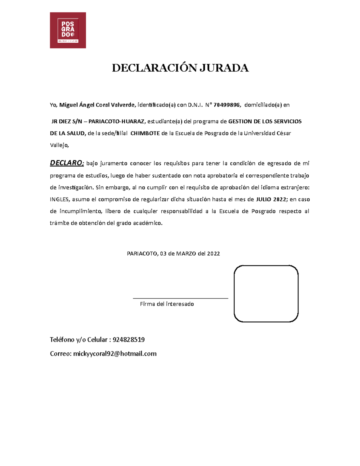 Declaración Jurada - Idioma 2021-01 (3) - DECLARACIÓN JURADA Yo, Miguel ...