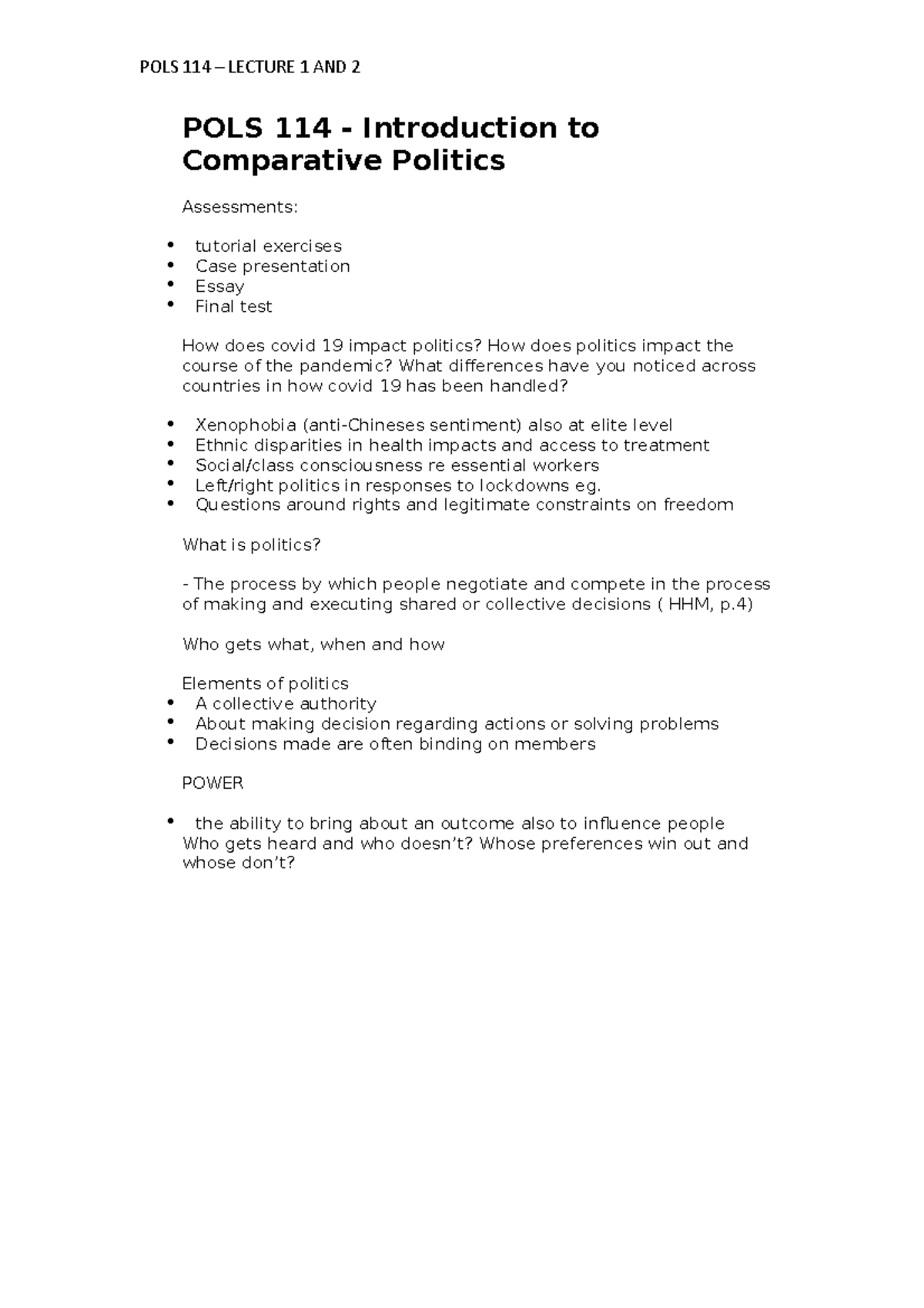 POLS 114 - Lecture 1 AND 2 - POLS 114 - Introduction to Comparative Politics Assessments ...
