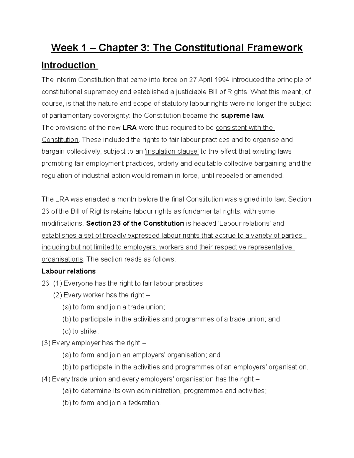 Collective Labour Law Notes - Week 1 – Chapter 3: The Constitutional ...