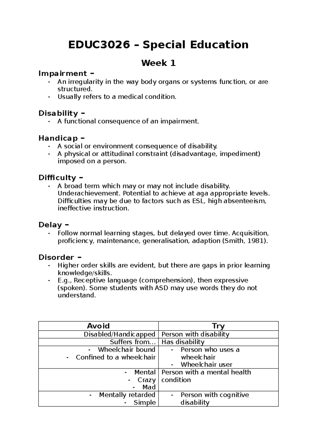 EDUC3026 - Weekly Tutorial Notes - EDUC3026 – Special Education Week 1 ...