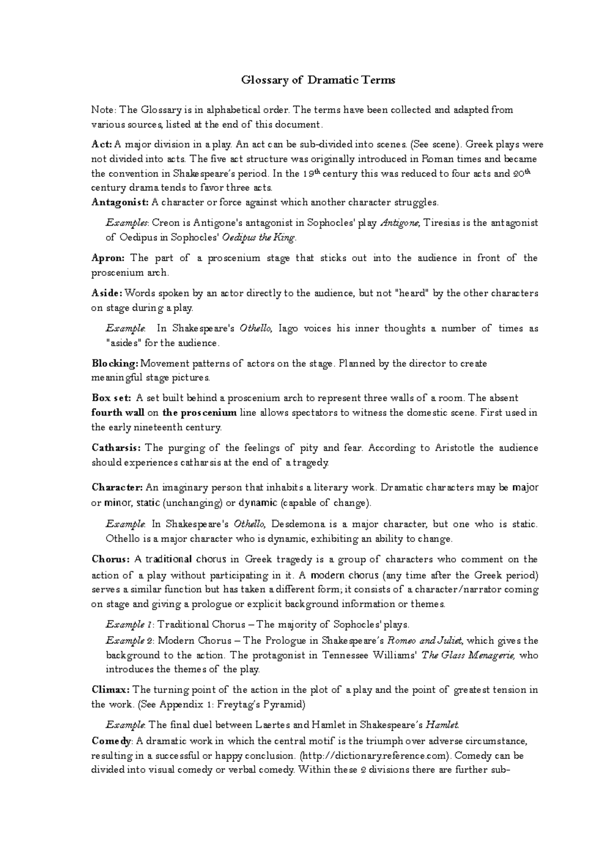 Glossary of dramatic techniques - Note: The Glossary is in alphabetical ...