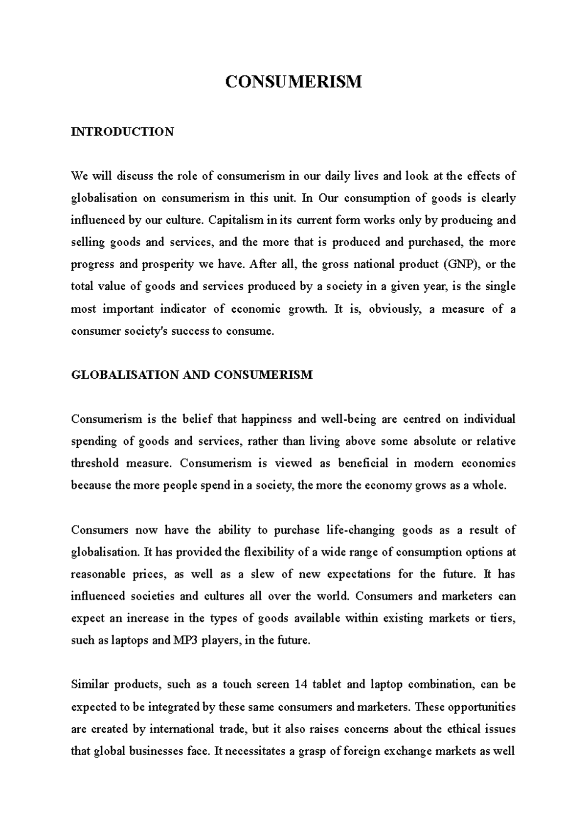 Consumerism - Lecture notes 1 - CONSUMERISM INTRODUCTION We will ...