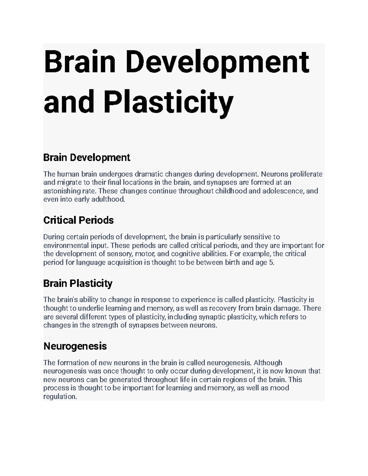 Human Neurobiology 3-4 - Brain Development and Plasticity Brain ...