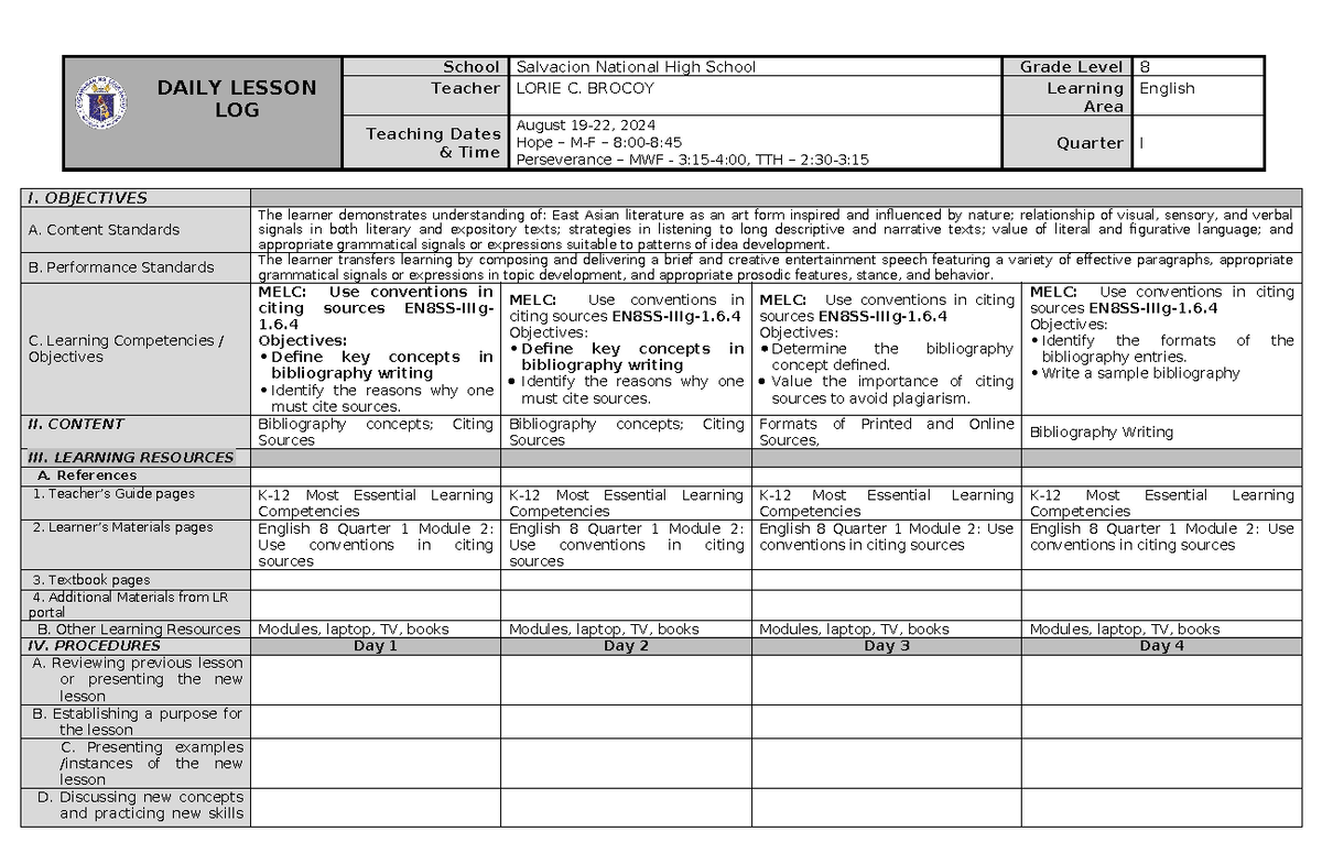 Daily Lesson LOG English 8 - DAILY LESSON LOG School Salvacion National ...