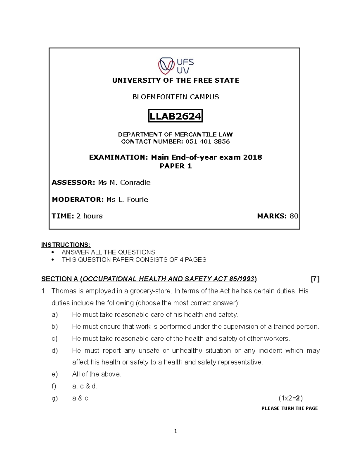 Exam November 2018, questions - UNIVERSITY OF THE FREE STATE ...