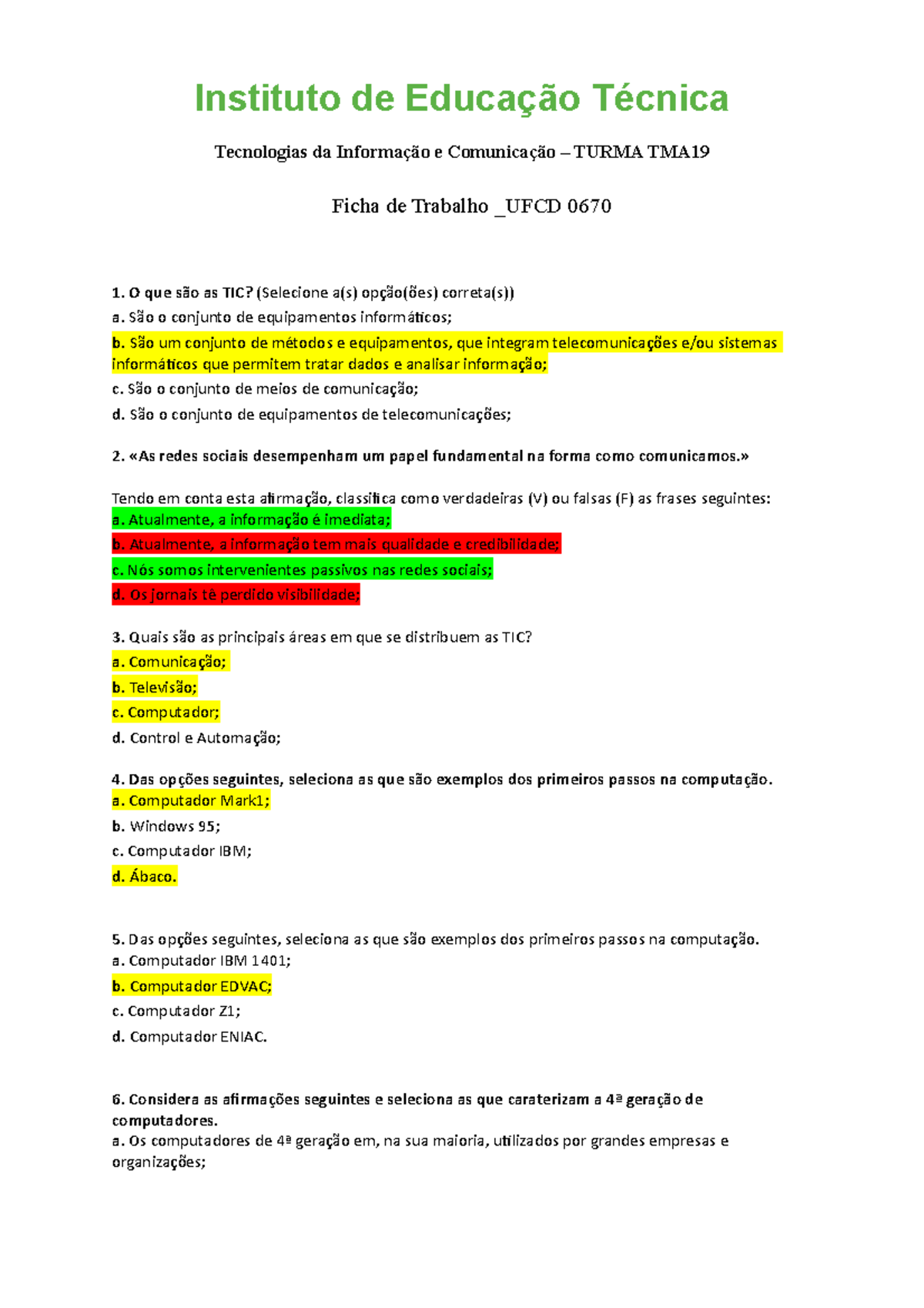 Ficha Trabalho I DIA 4 MAIO TIC - Tecnologias da Informação e ...
