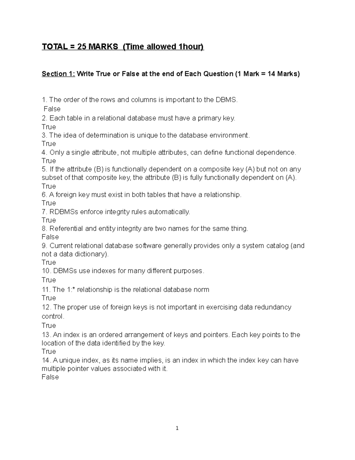 Quiz - This is a practice quiz. - TOTAL = 25 MARKS (Time allowed 1hour ...