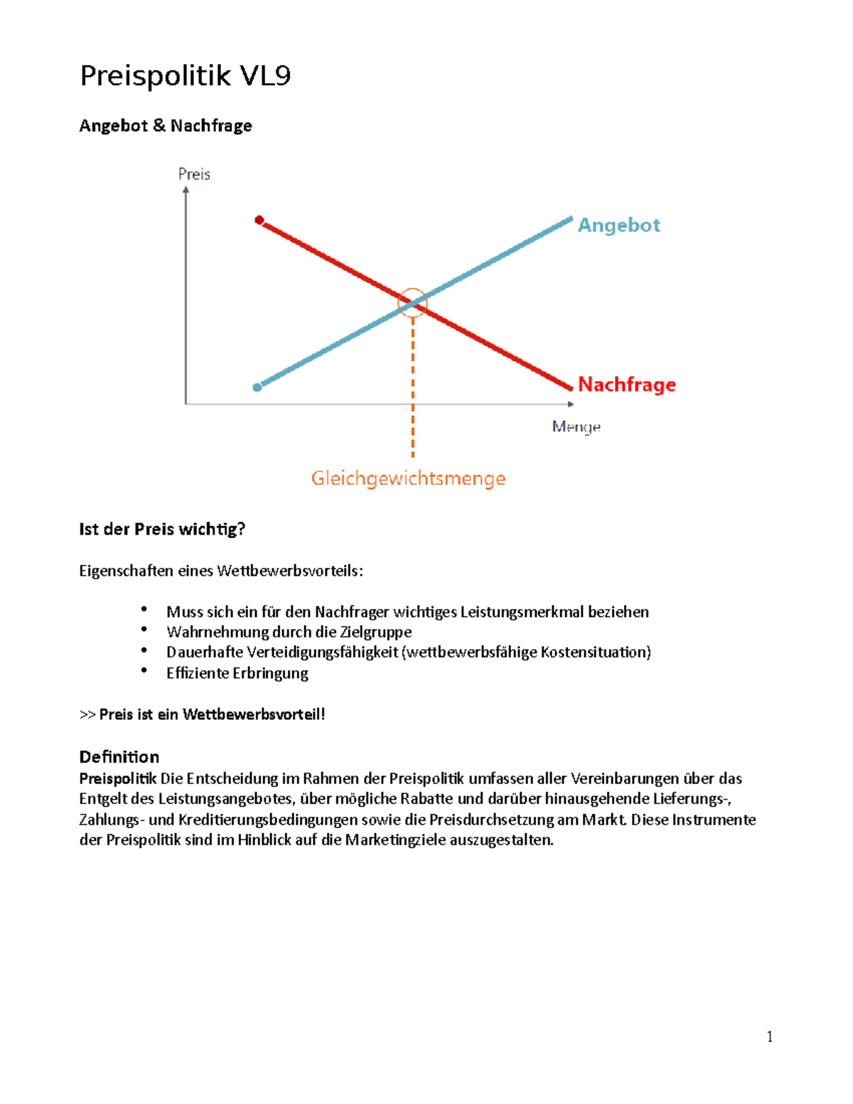 Preispolitik - VL9 Mitschrift - Preispolitik VL Angebot & Nachfrage Ist ...