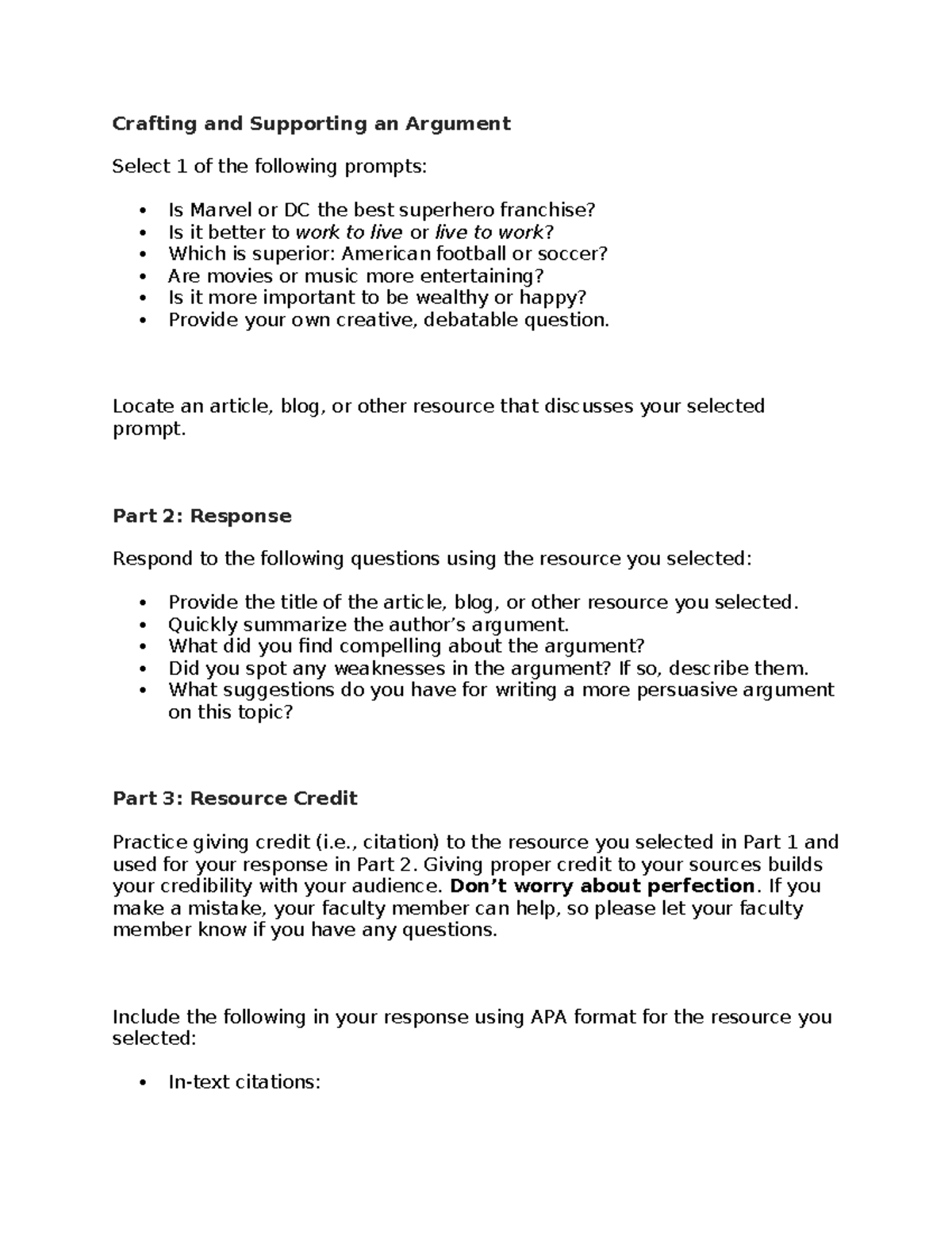 Crafting and Supporting an Argument - Locate an article, blog, or other ...