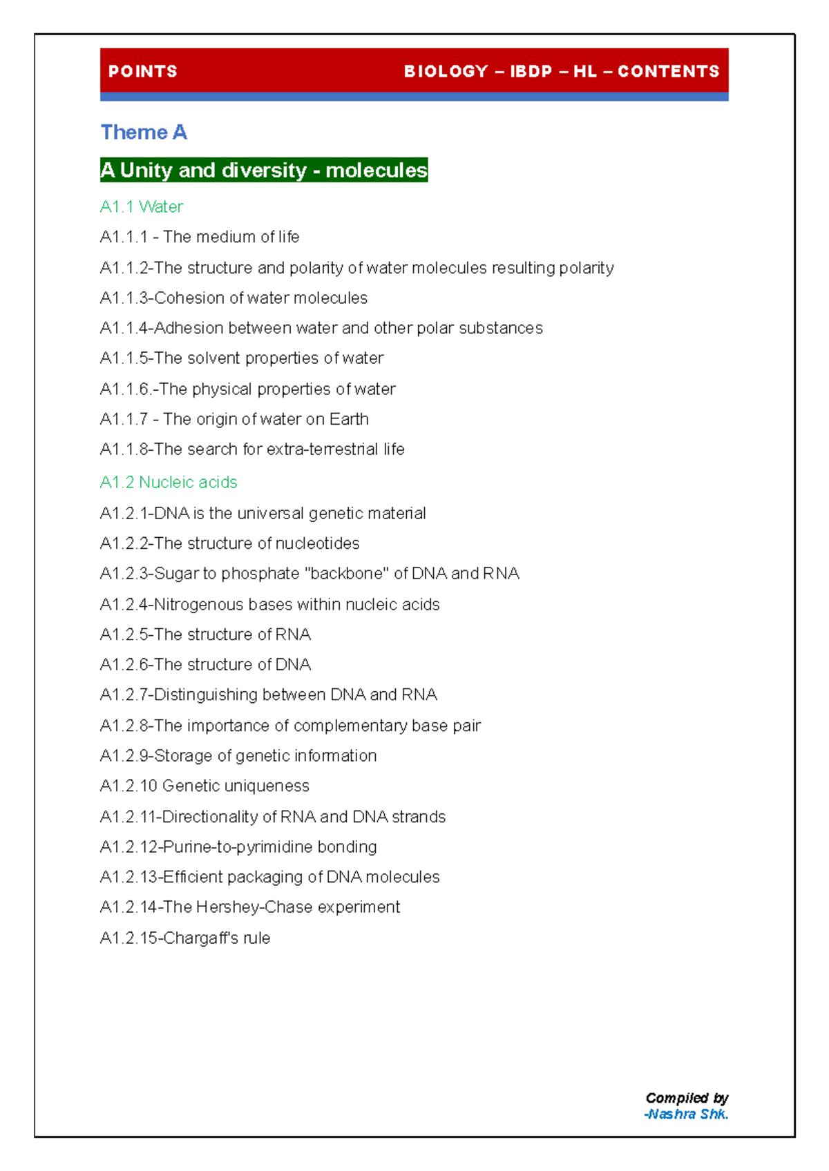 IBDP BIO - notes - POINTS BIOLOGY – IBDP – HL – CONTENTS Compiled by ...