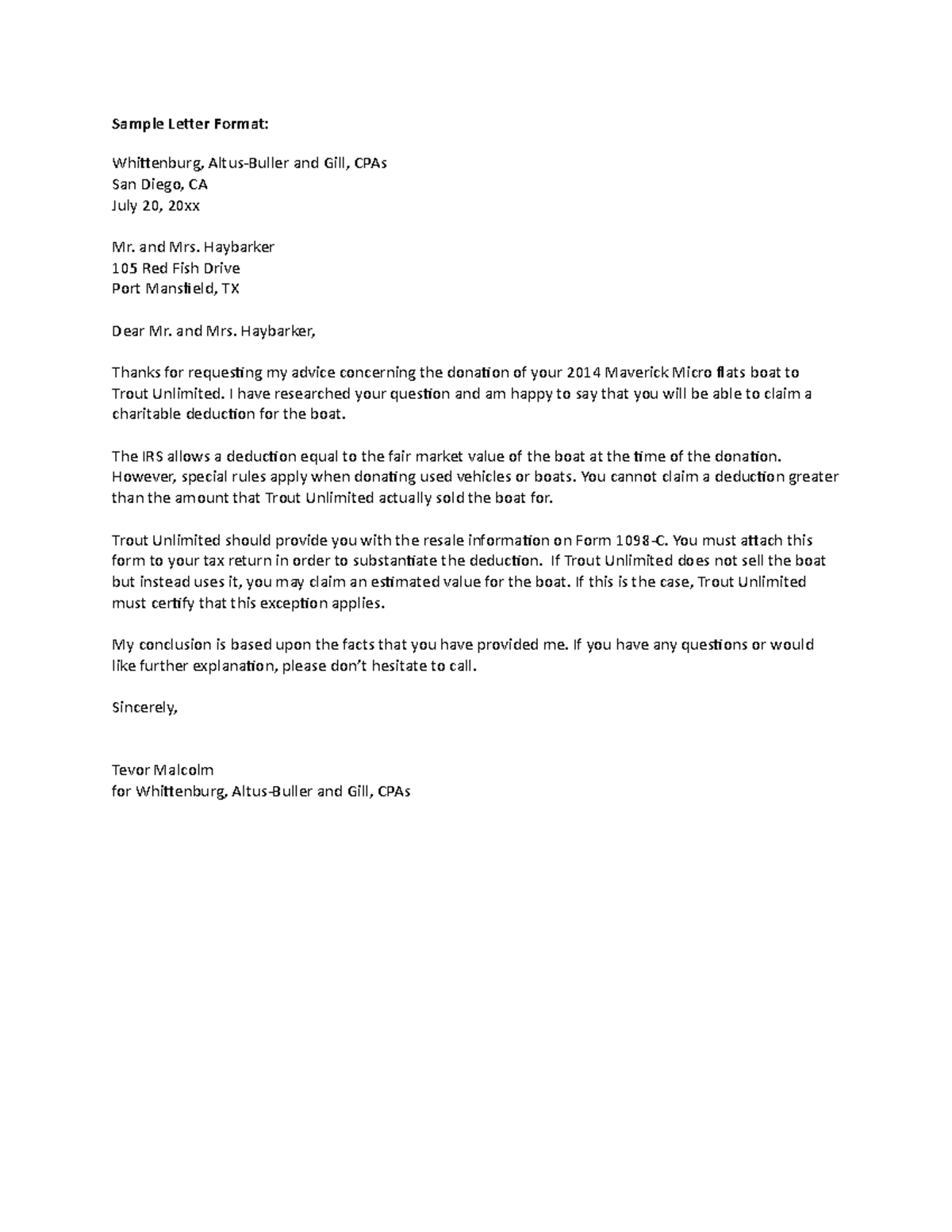 Sample Letter - and Mrs. Haybarker 105 Red Fish Drive Port Mansfield ...