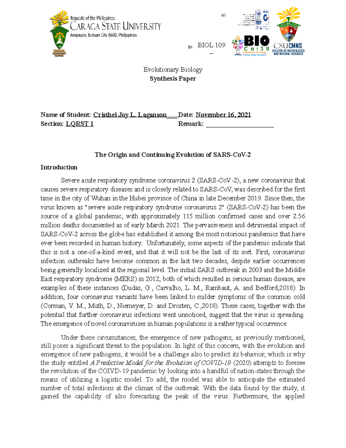 BIOL 109 Revised synthesis paper (Auto Recovered) - BIOL 109 ...