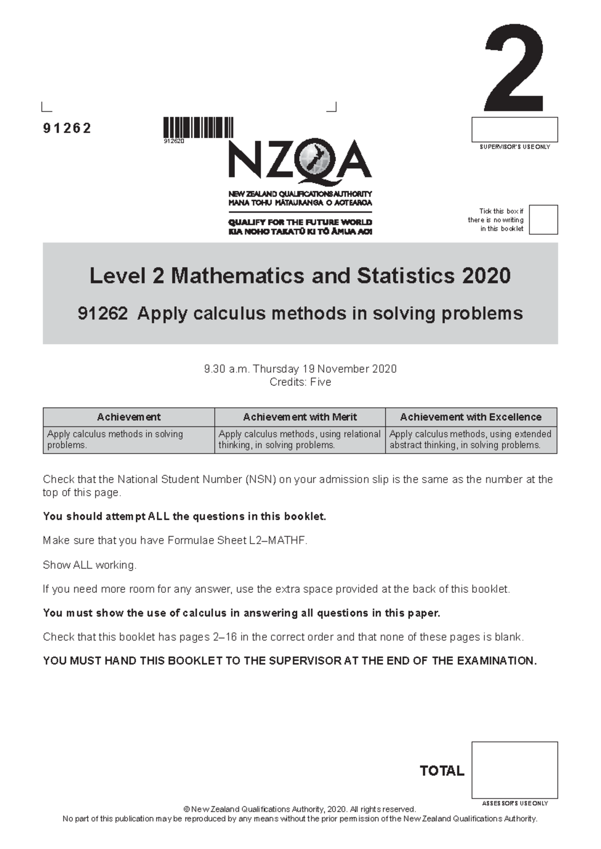 91262-exm-2020 - 2020 calculus level 2 past paper - 912620 SUPERVISOR’S ...
