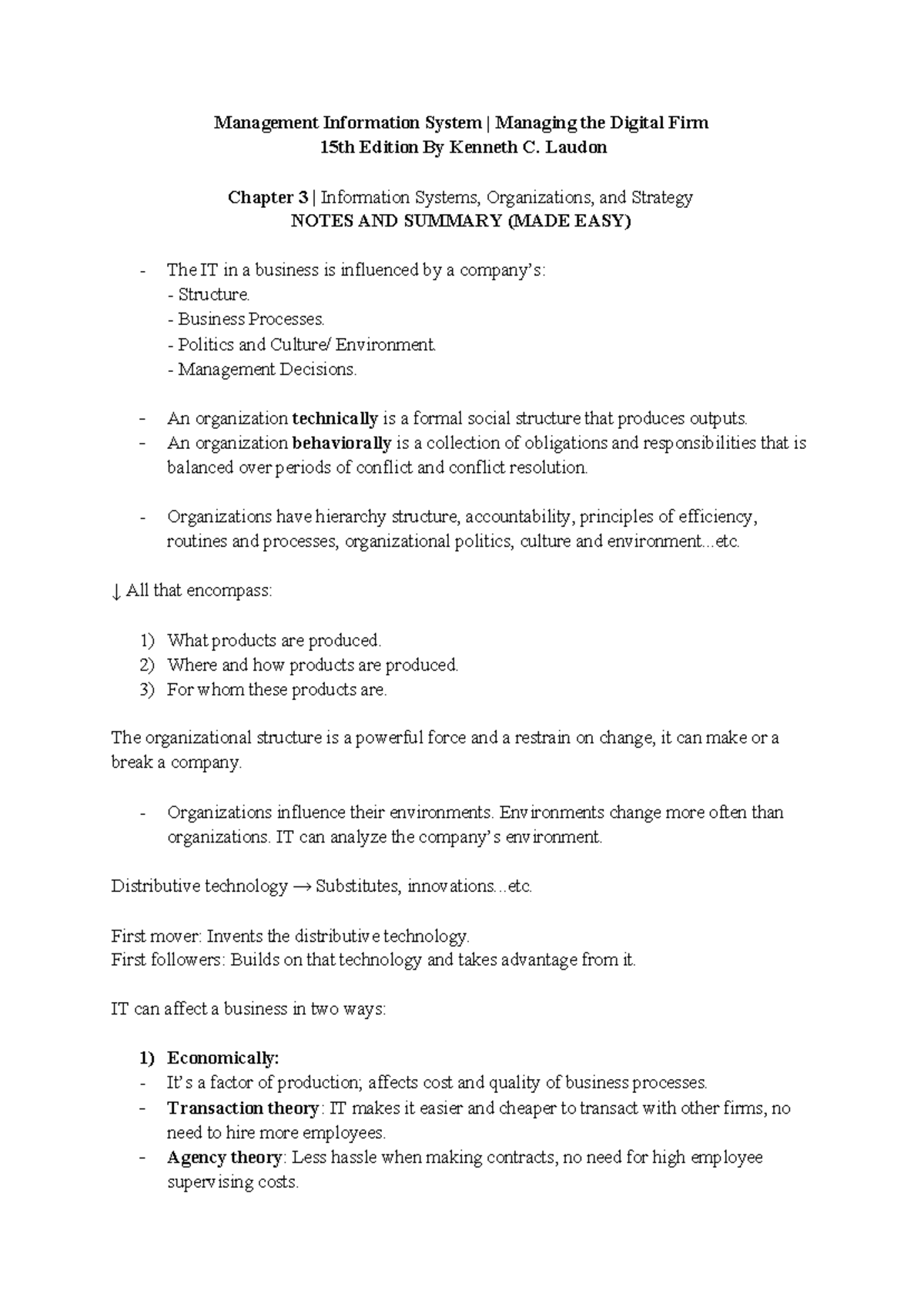 Chapter 3 SUMMARY | Information Systems, Organizations, and Strategy | Management Information ...