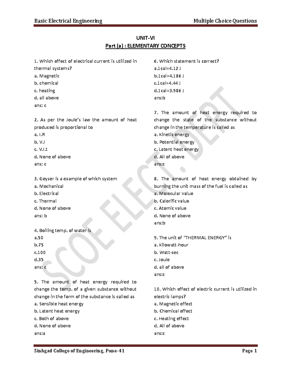 SCOE BEE Unit-6 MCQ-2019 containing - UNIT-VI Part (a) : ELEMENTARY ...