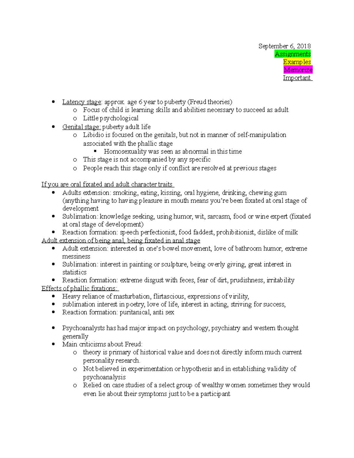 Personalitypsychlecture 4 - September 6, 2018 Assignments Examples ...