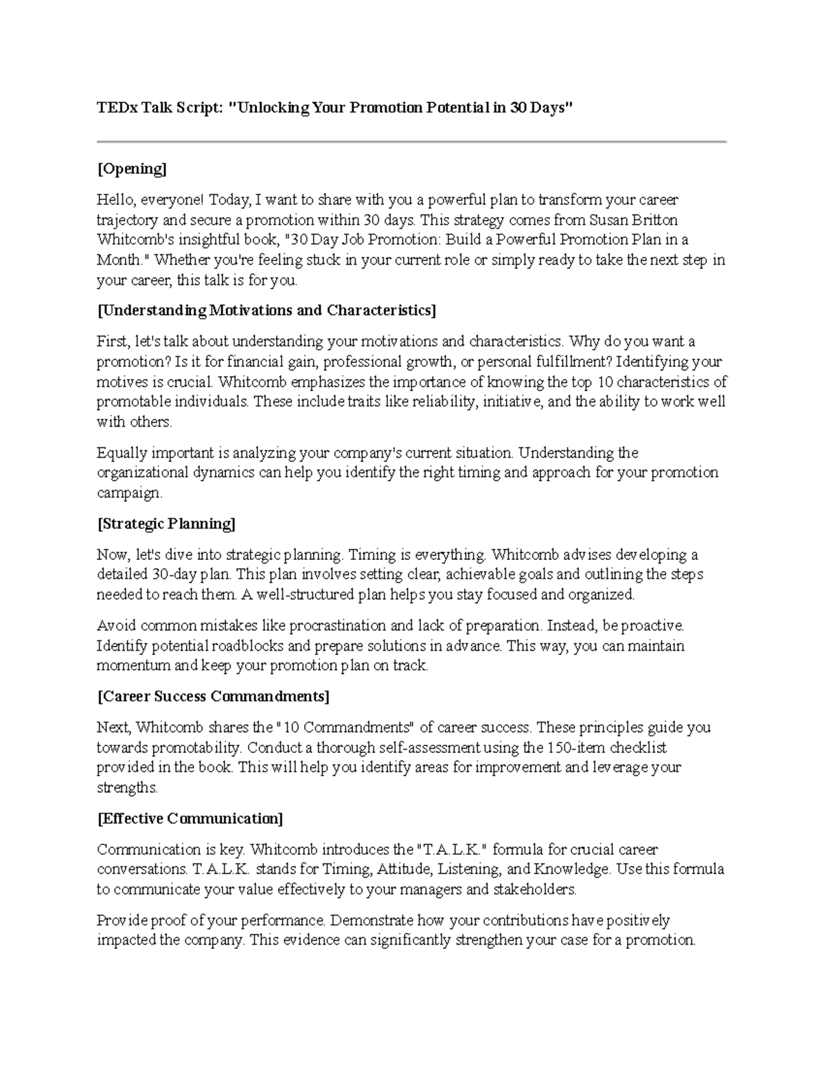 TEDx Talk Script Unlocking Your Promotion Potential in 30 Days - This ...