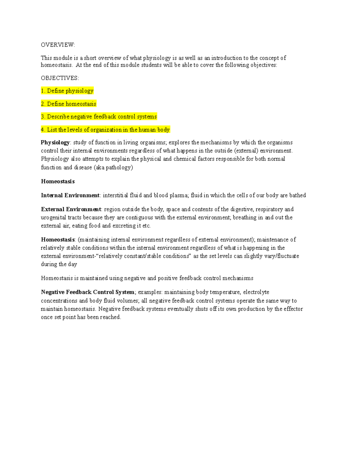 Module 1 Introduction to Human Physiology 2130 - OVERVIEW: This module ...